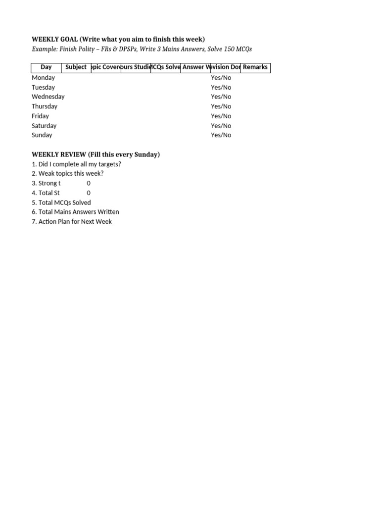 UPSC Weekly Progress Tracker Updated | PDF