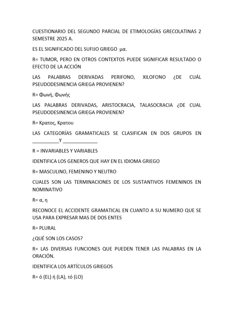 Cuestionario Del Segundo Parcial de Etimologías Grecolatinas 2 Semestre 2025 A | PDF | Numero ...