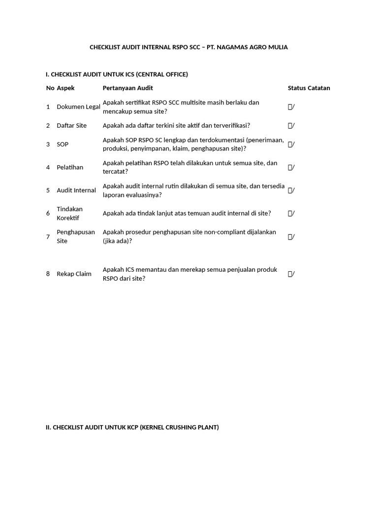 Checklist Audit Internal Rspo SCC | PDF