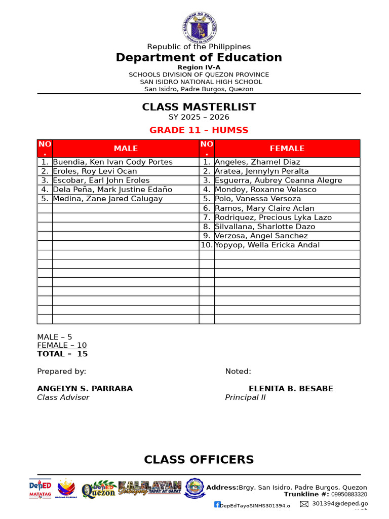 Class Masterlist G11-Humss | PDF | Chess Theory | Chess