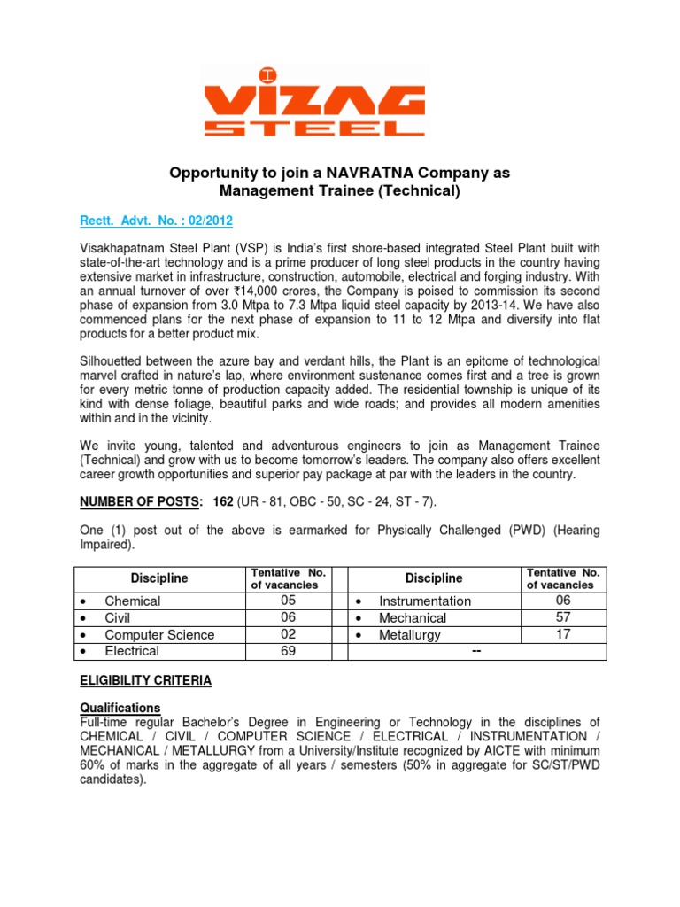 Vizag Steel Advertisement | PDF | Employee Benefits | Identity Document