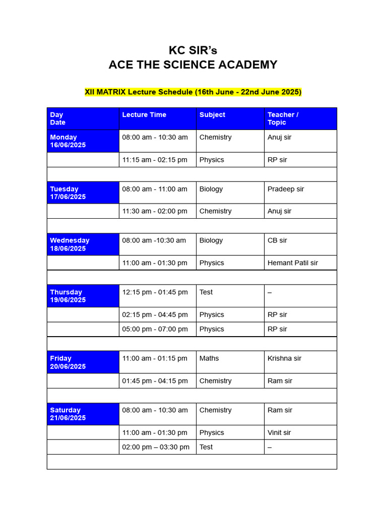 XII MATRIX Lecture Schedule (16th June - 22nd June 2025) | PDF