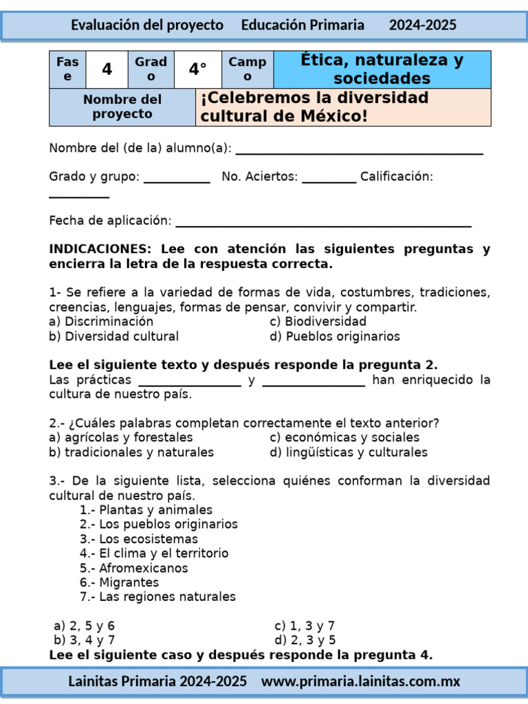 4to Grado Mayo - Examen 06 Celebremos La Diversidad Cultural de México ...