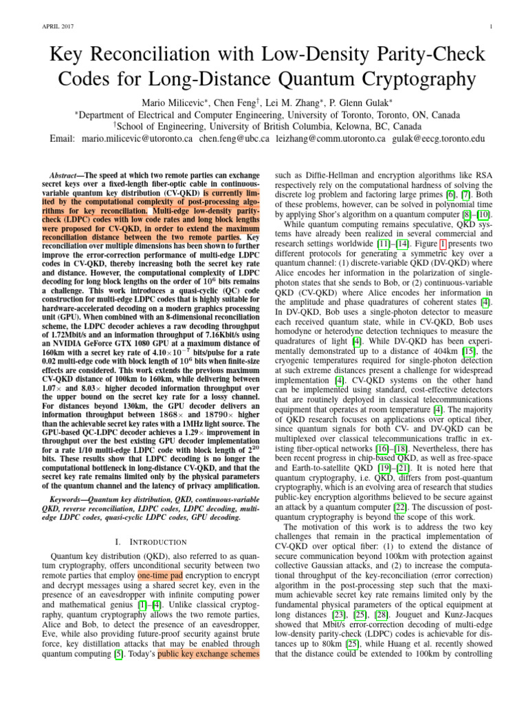 Key Reconciliation With Low-Density Parity-Check Codes For Long-Distance Quantum Cryptography ...