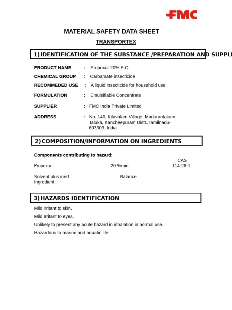 MSDS FMC India, Transportex Propoxure | PDF | Toxicity | Water