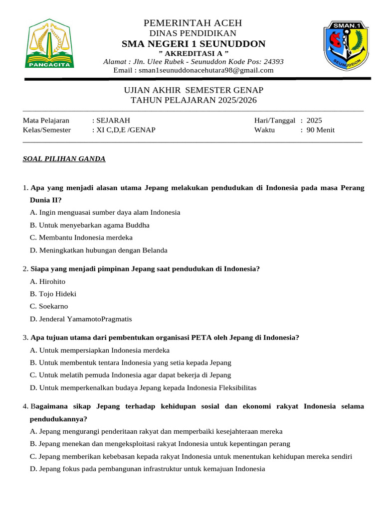 Soal Sejarah Kelas Xi C, D, e Uas 2025.putri | PDF