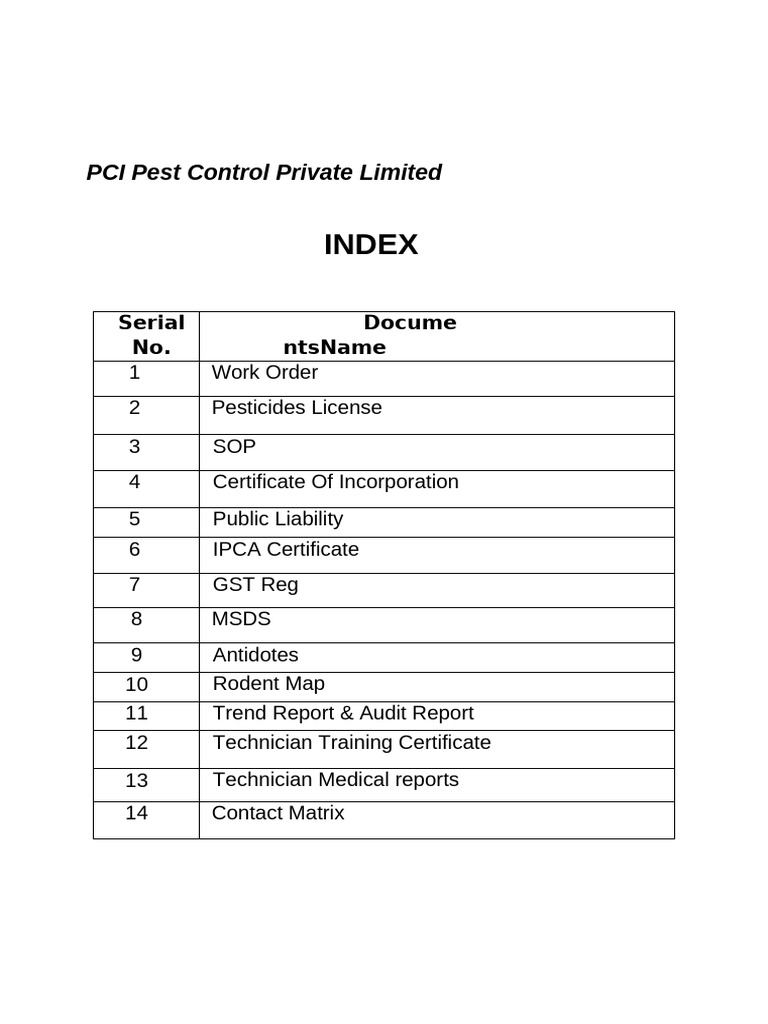 PCI Pest Control Document Index | PDF