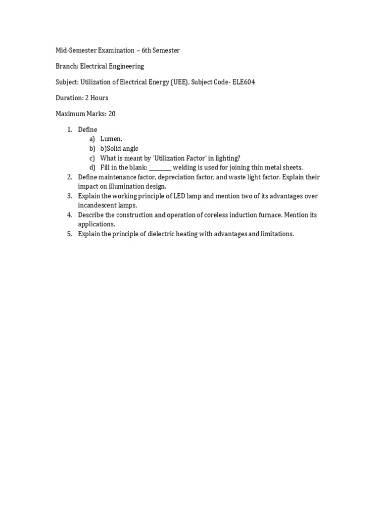 UEE Mid Sem Question Papers | PDF