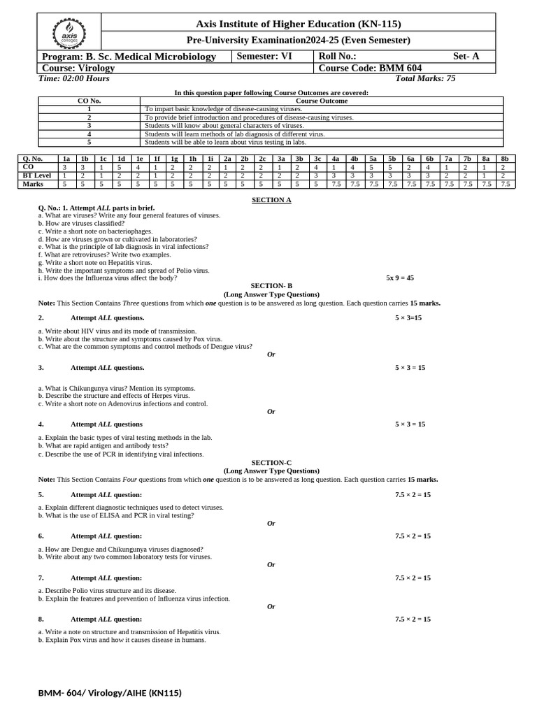 Virology Exam Paper B.Sc. Medical Microbiology | PDF | Virus | Infection