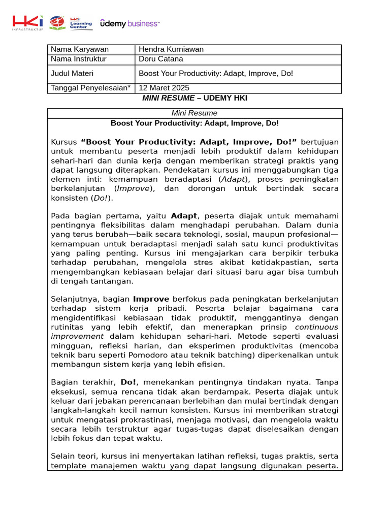 Mini Resume 3 - Boost Your Productivity - Hendra K | PDF
