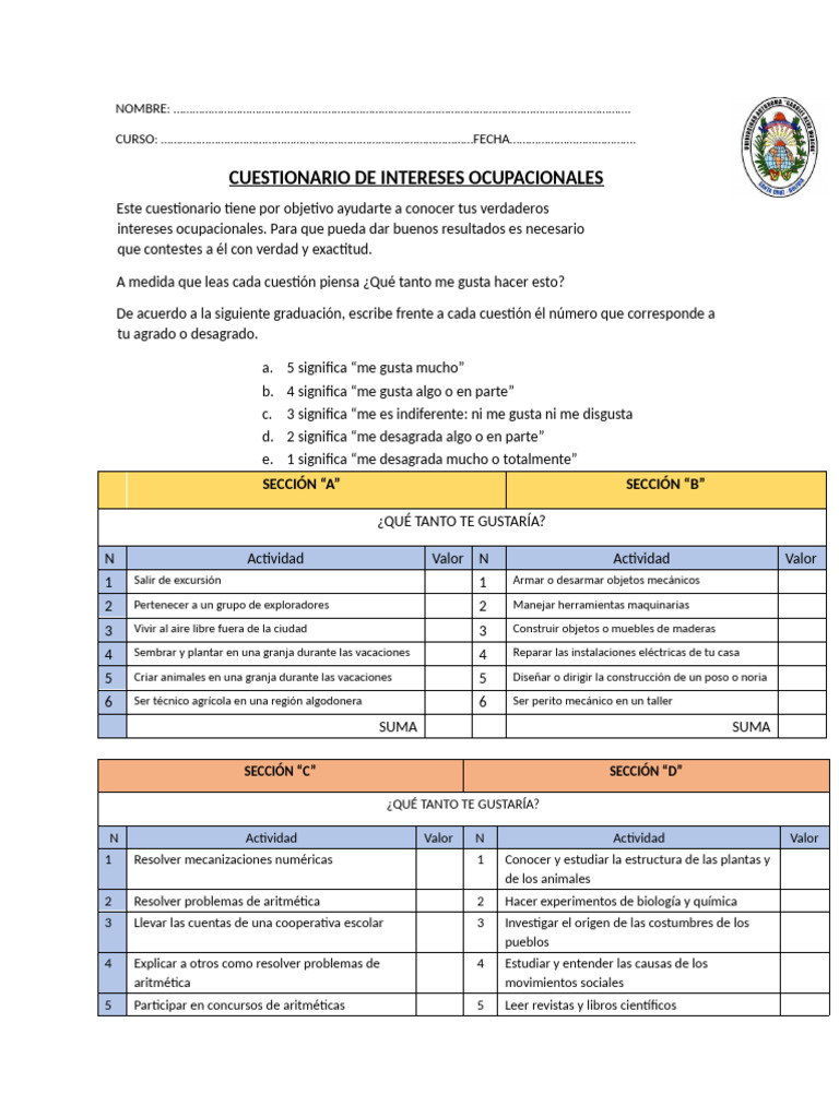 Cuestionario de Intereses Ocupacionales | PDF | Ingeniería | Científico