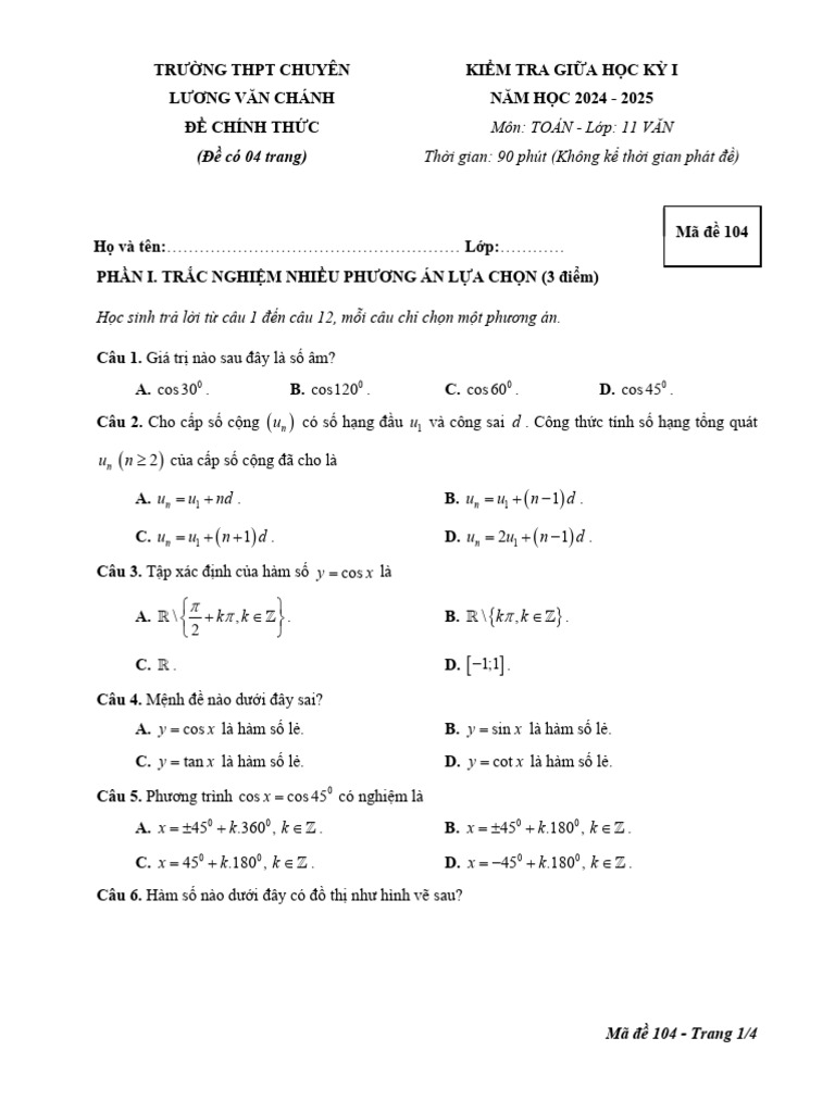 Đề KT Giữa HK1 - NH 24-25 - Lớp 11 Cơ Bản (Khang) - Mã Đề 104 | PDF