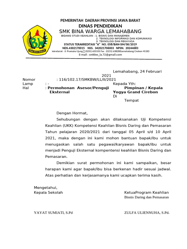 Permohonan Penguji UKK Bisnis Daring | PDF
