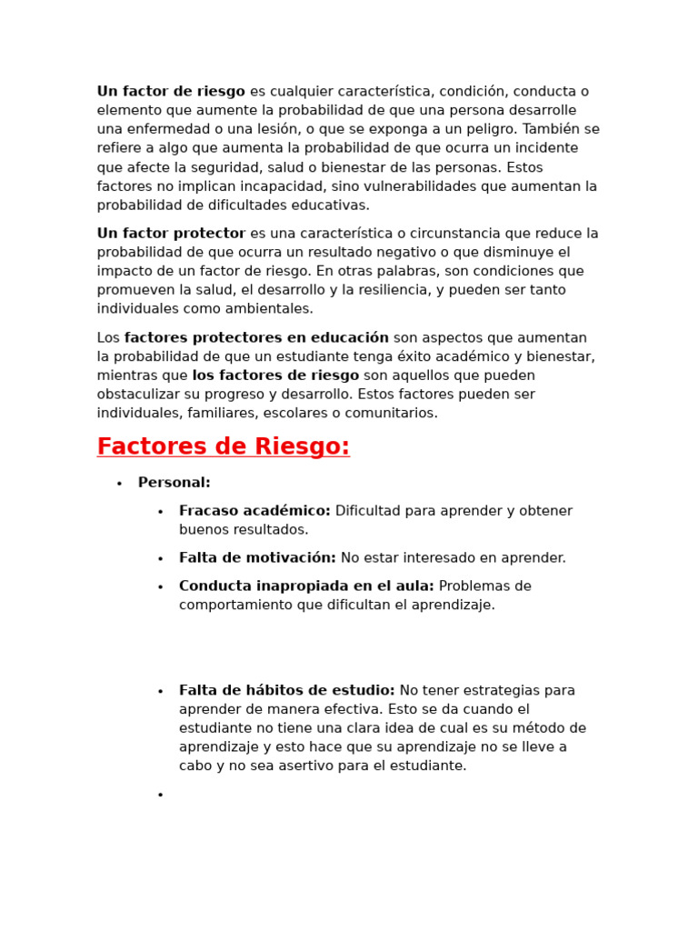 Factor de Riesgo y Protector | PDF | Aprendizaje | Riesgo