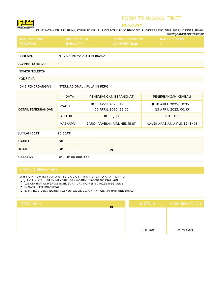 Form Transaksi Tiket Pesawat Trj037005 - Pt. Vap (Vilma Adhi Perkasa) | PDF