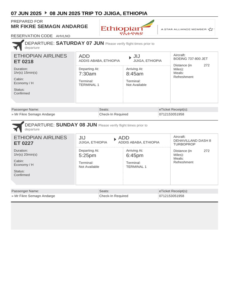 Travel Reservation June 07 For MR Fikre Semagn Andarge | PDF | Airliner ...