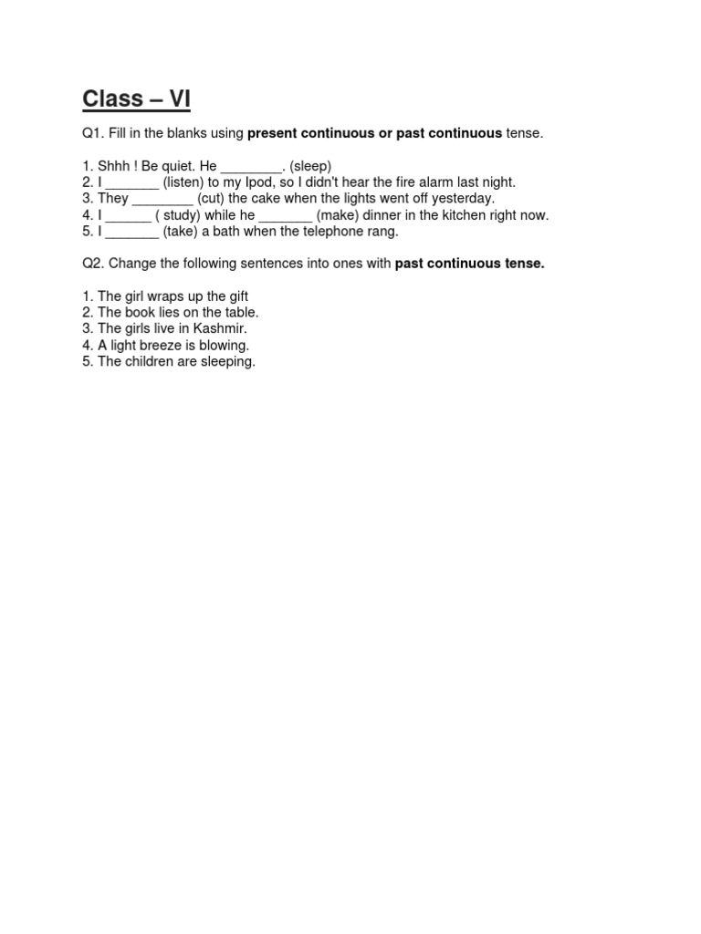 Continuous Tense Worksheet for Grade 6 | PDF