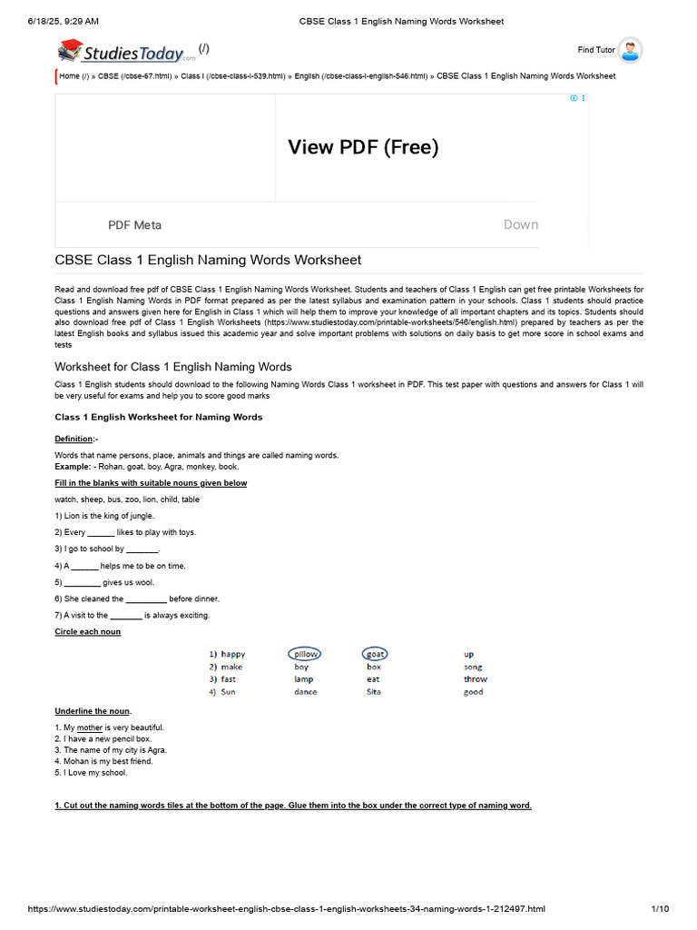CBSE Class 1 English Naming Words Worksheet | PDF | English Language | Multiple Choice