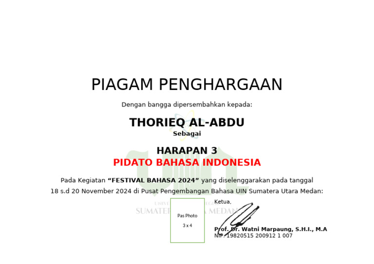 Format Piagam Penghargaan Juara Festival Bahasa | PDF