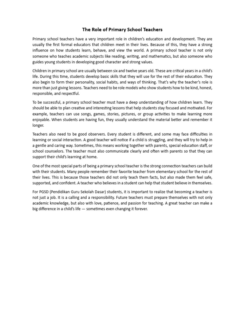 The Role of Primary School Teachers | PDF | Teachers | Schools