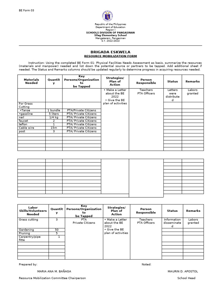 Be Form 3 Resource Mobilization Form | PDF