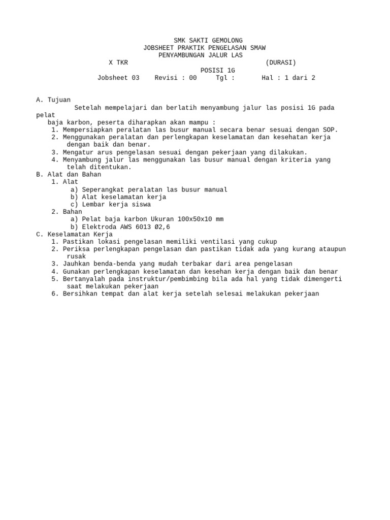 Jobsheet 3 PENYAMBUNGAN JALUR LAS POSISI 1G | PDF