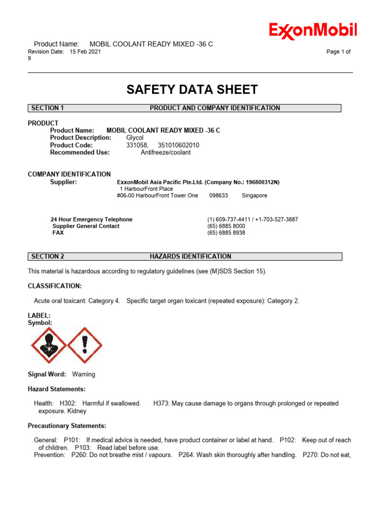 Mobil Coolant Ready Mixed - 36 C Safety Data Sheet | PDF | Hazards ...
