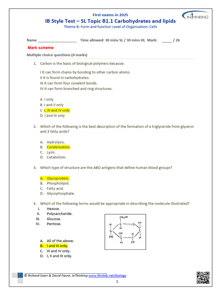 B1.1 Carbohydrates and Lipids Answers | PDF | Carbohydrates | Fatty Acid