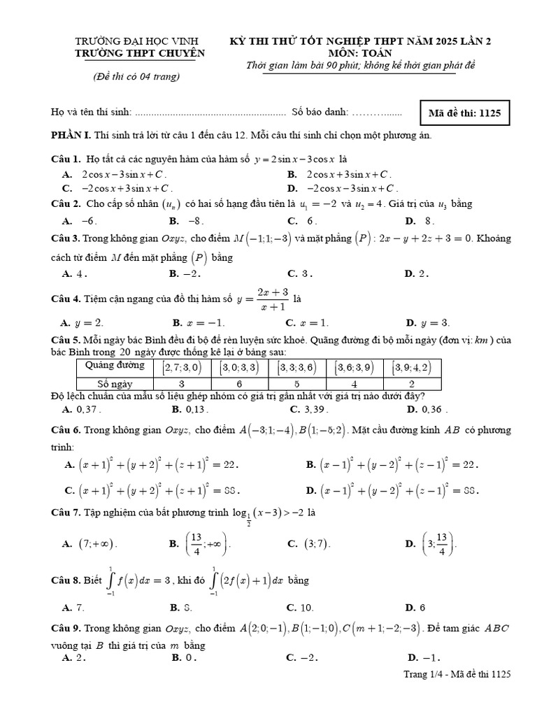 De Thi Thu TN THPT 2025 Mon Toan Lan 2 Truong THPT Chuyen DH Vinh Nghe An | PDF