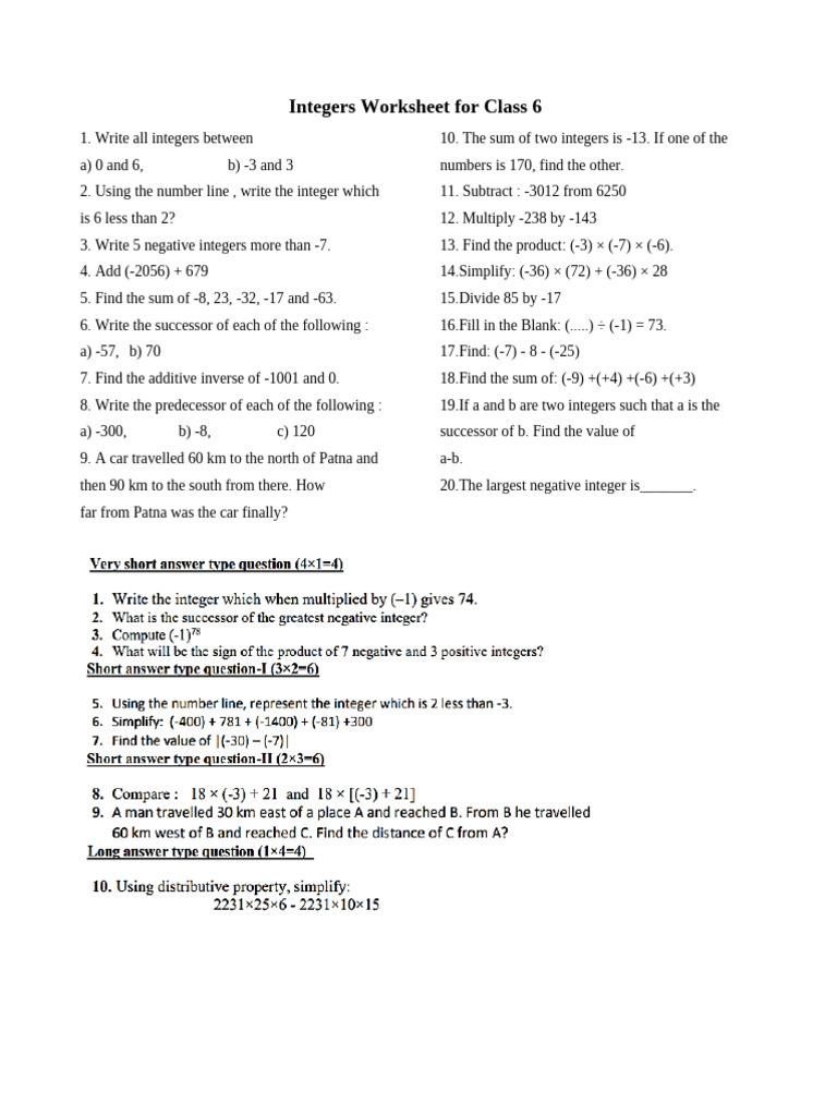 Integers Worksheet 1 For Class 6 | PDF