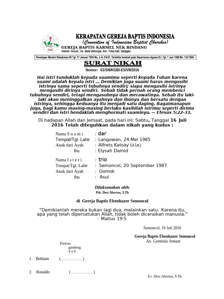BLANGKO SURAT Nikah Jenis 2 | PDF
