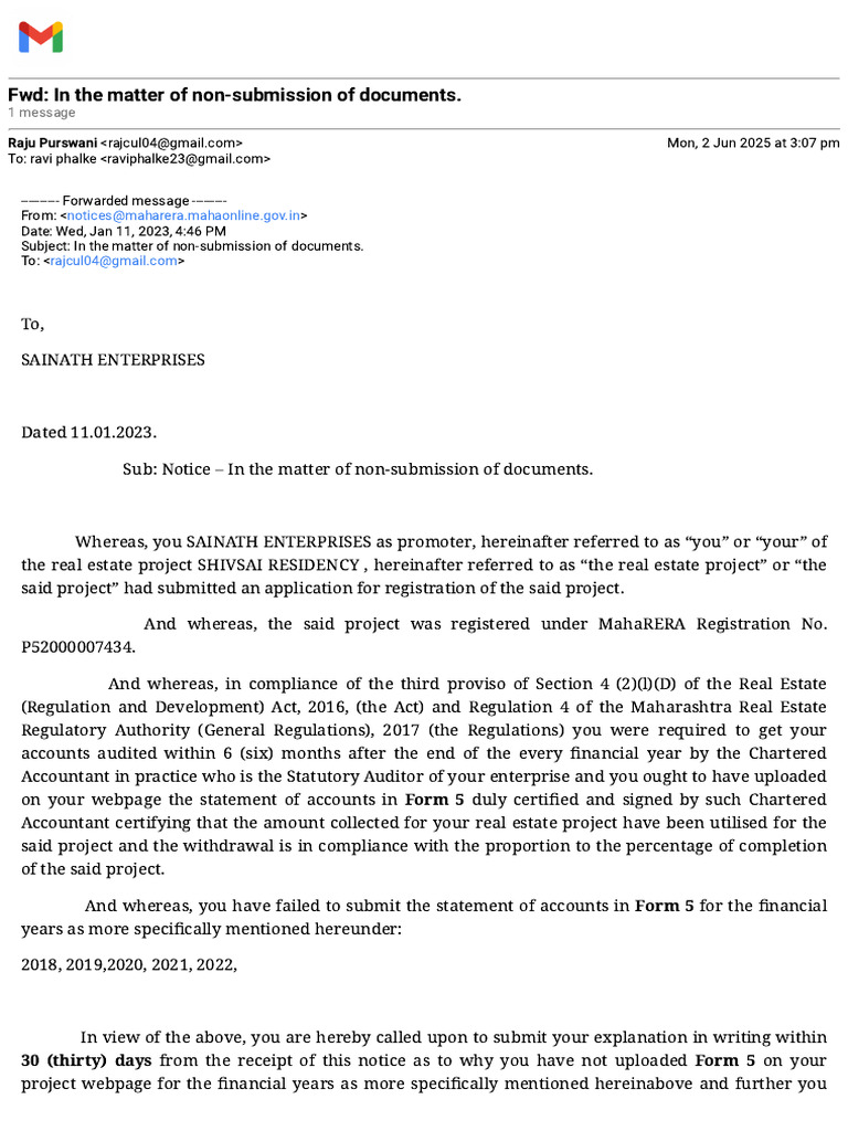 MahaRERA Notice: Document Submission Failure | PDF | Justice | Crime ...