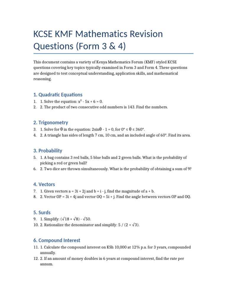 KMF Mathematics Revision Questions | PDF
