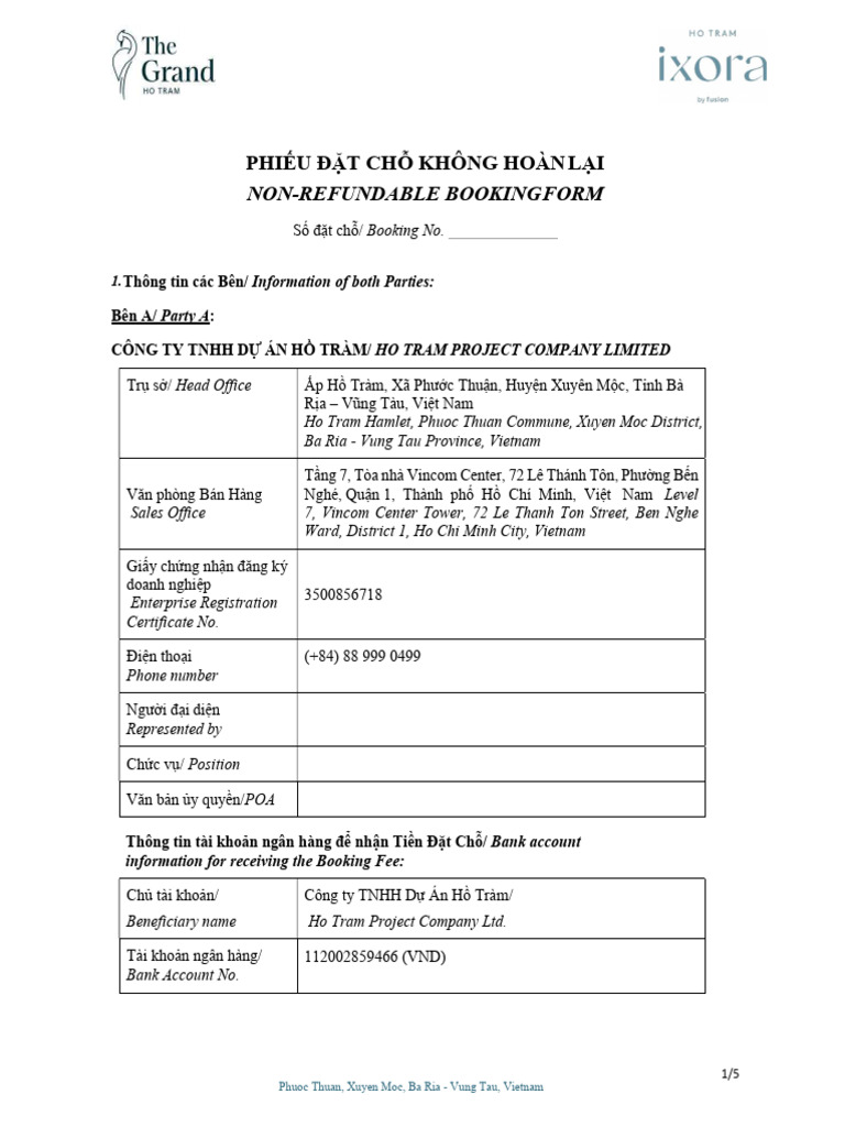 Non-Refundable Booking Form - Ixora Ho Tram by Fusion 2 - Updated 2025 ...