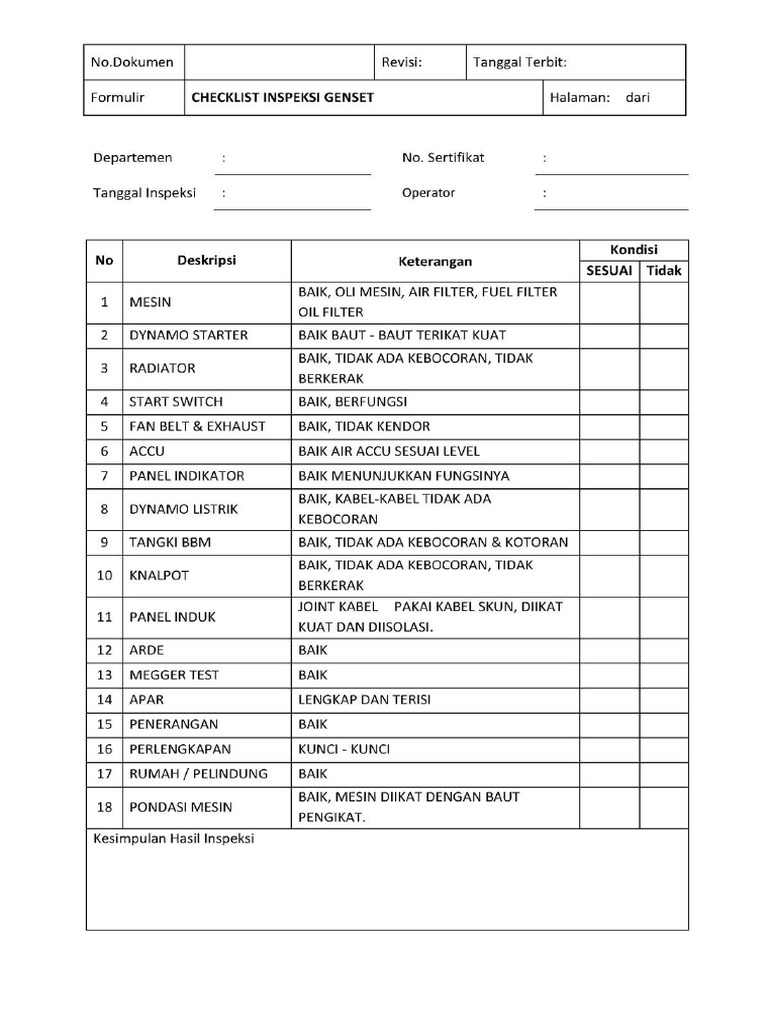 Ceklist Inspeksi Genset | PDF