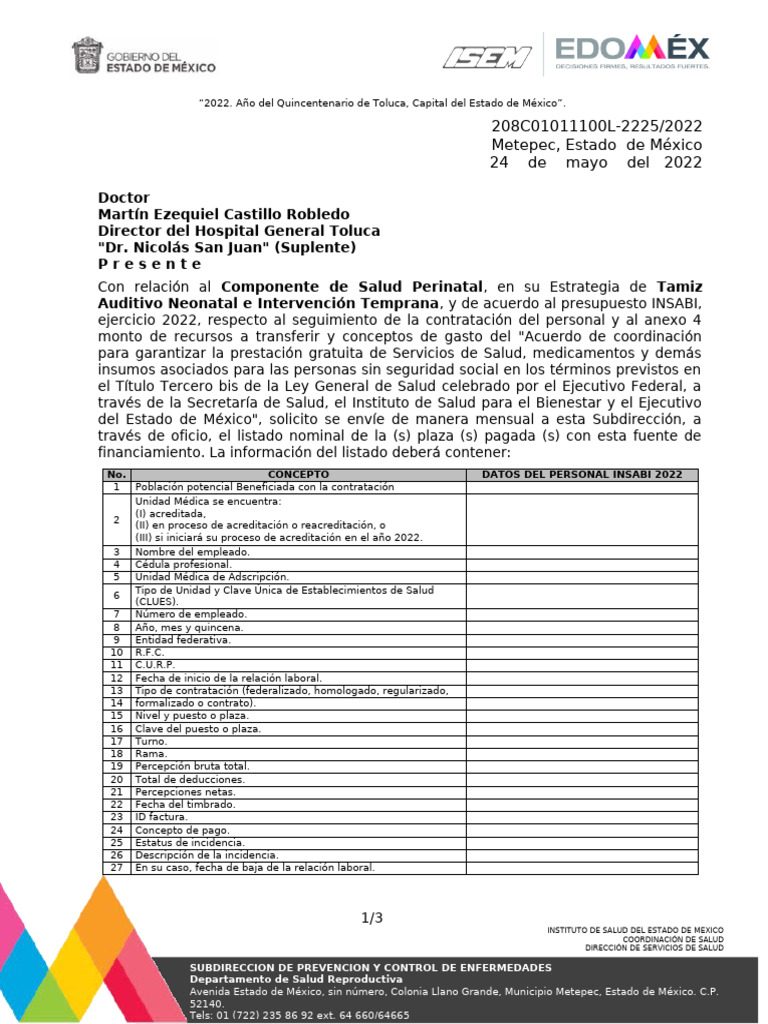 Oficio Tamiz Auditivo HG Tolica DR Nicolas San Juan | PDF | México | Programas sociales