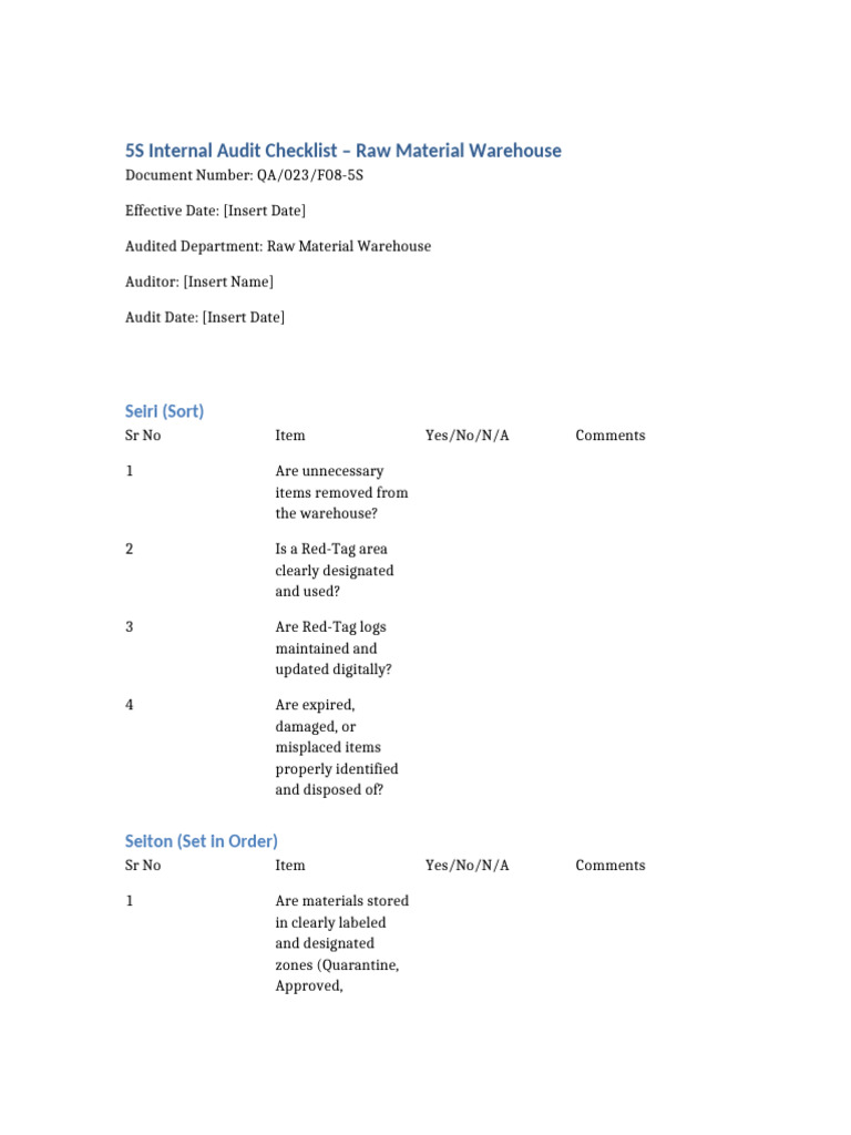 5S Audit Checklist for Raw Materials | PDF | Warehouse | Audit