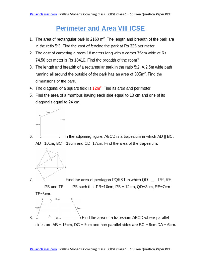 Perimeter and Area VIII ICSE | PDF