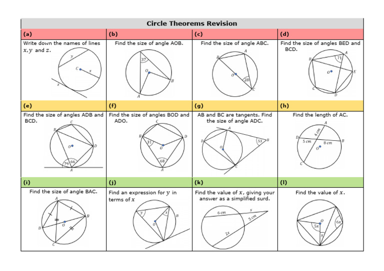 Circle Theorems Revision Practice Grid | PDF