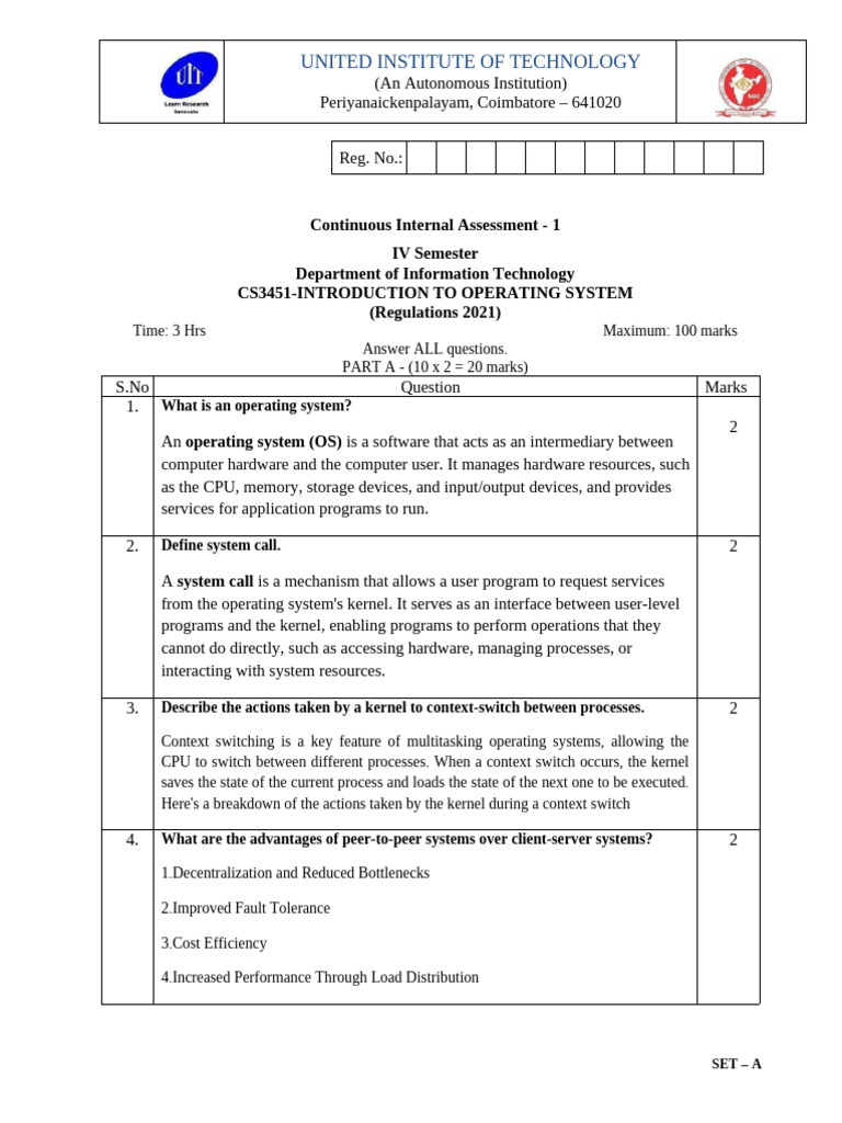 Even-Cia1-Cs3451-Ios-Set A-Ans Key | PDF | Operating System | Process ...