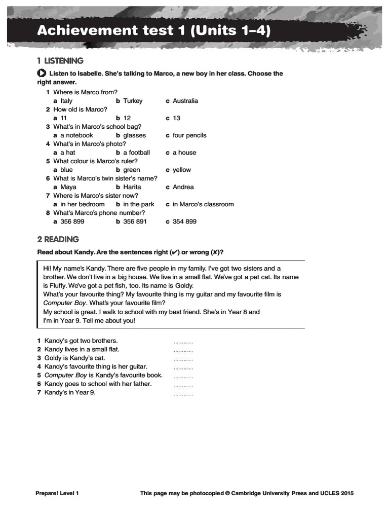 Achievement Test 1-3 for Level 1 Students | PDF