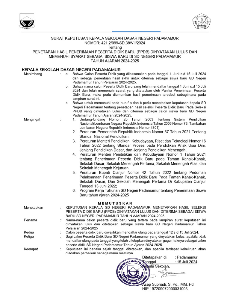 SK Penetapan Siswa Baru | PDF