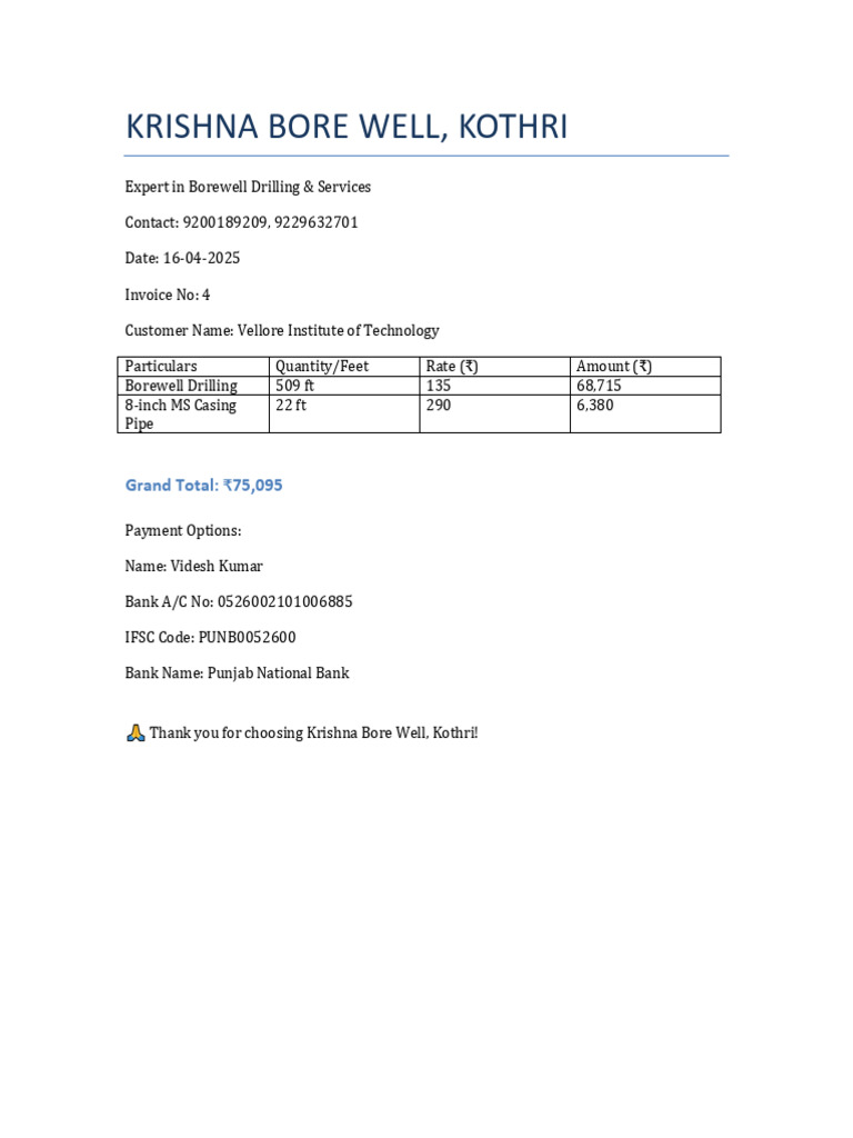 Borewell Drilling Invoice - VIT | PDF