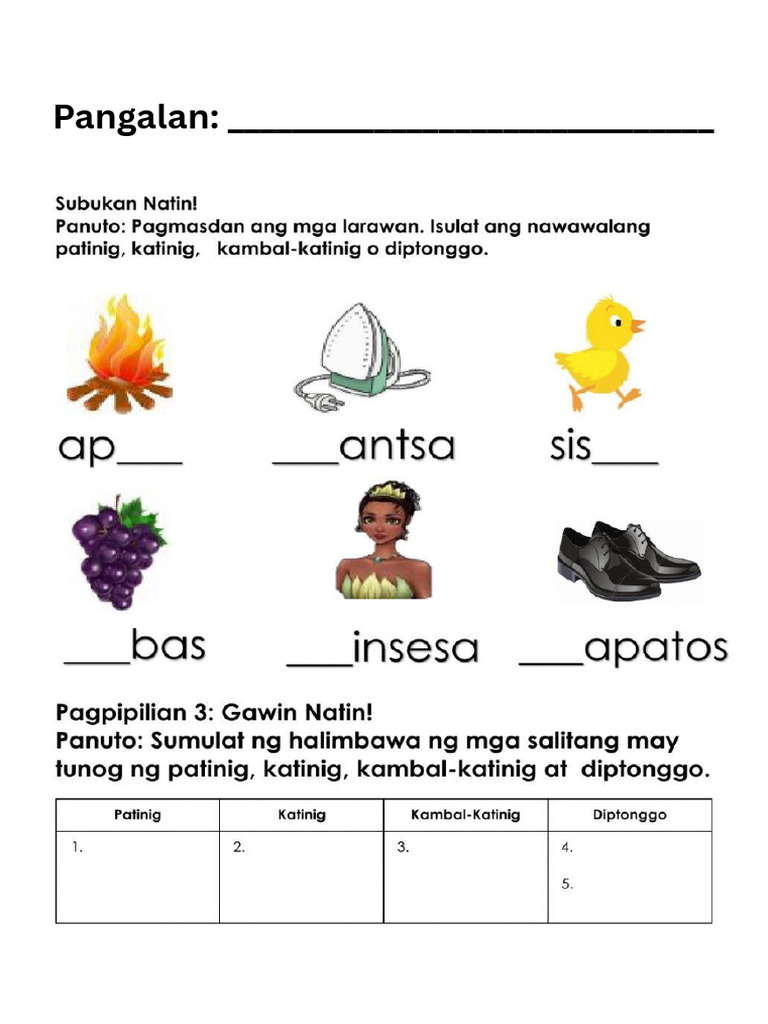 Diptonggo at Klaster Worksheet | PDF