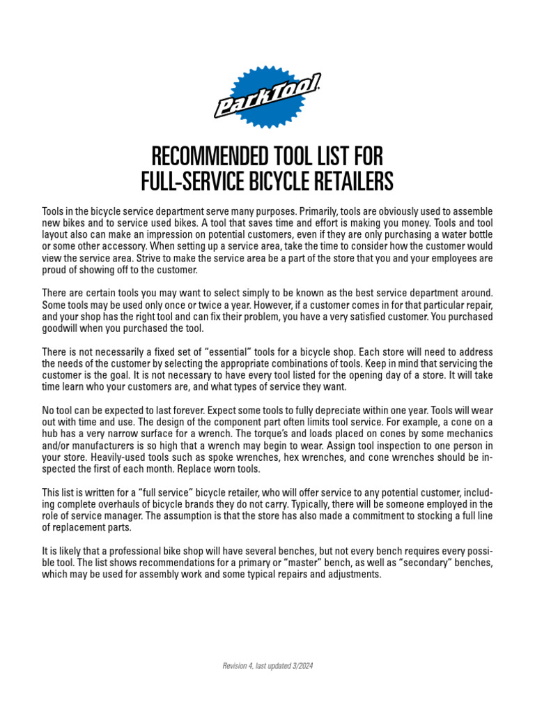 New Shop Recommended Tool List | PDF | Human Powered Vehicles