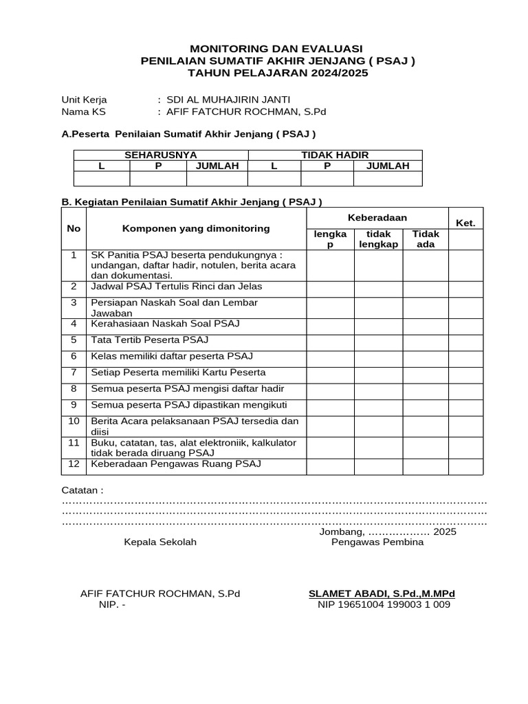 Instrumen Monev PSAJ 2025 | PDF
