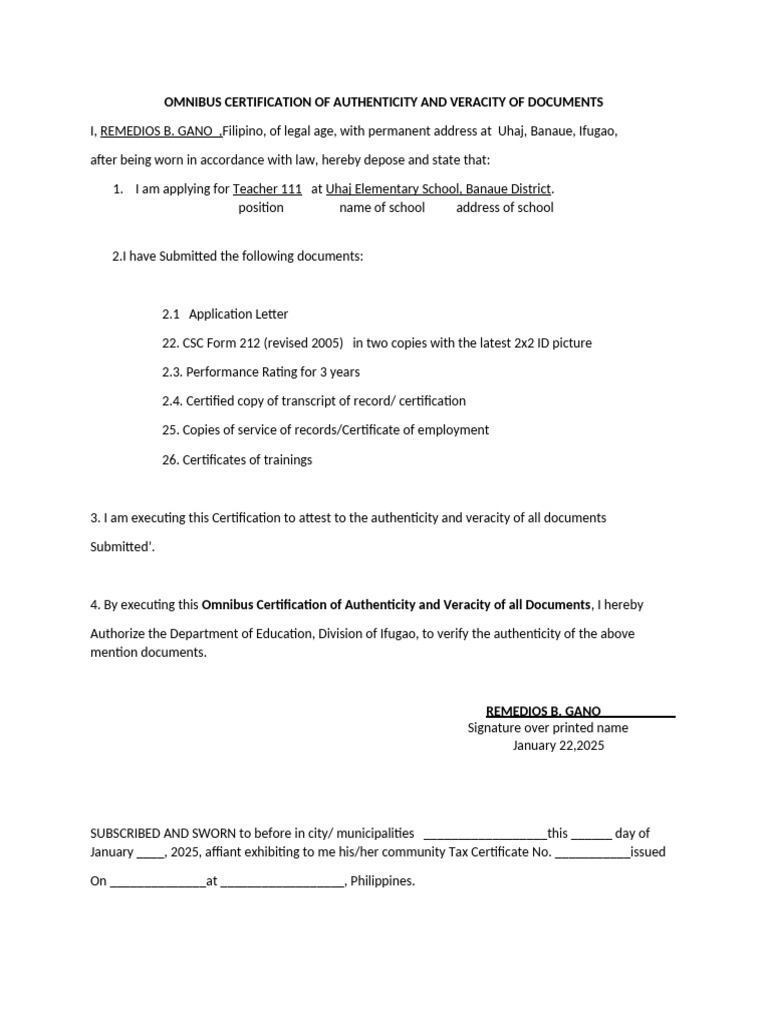 Omnibus Certification of Authenticity and Veracity of Documents | PDF