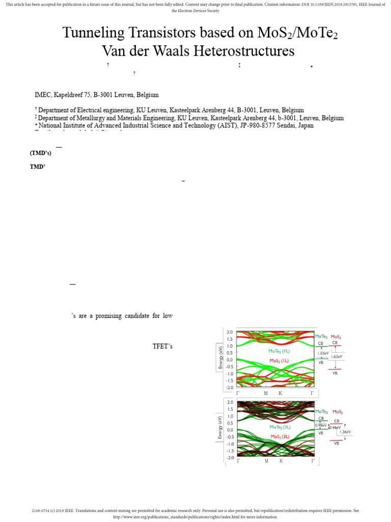 Tunneling Transistors Based On MoS2MoTe2 Van Der W | PDF | Field Effect ...