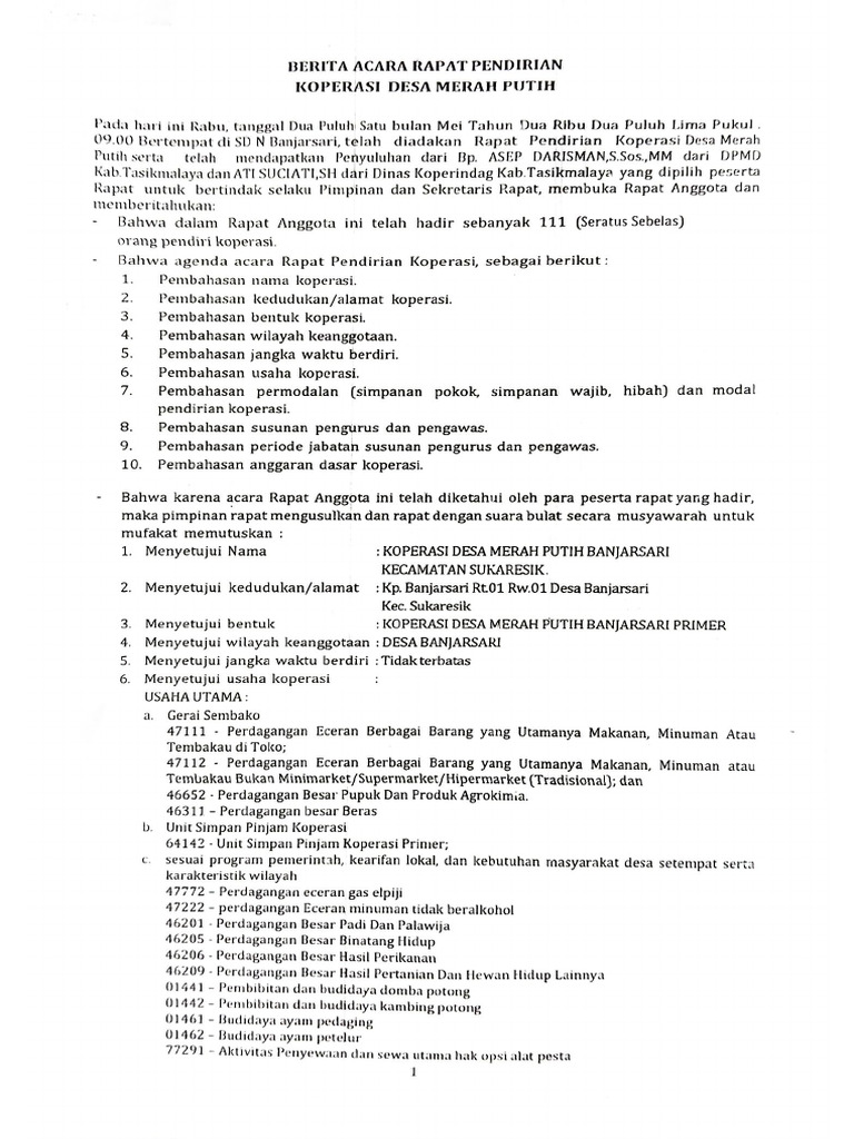 Berita Acara Koperasi Merah Putih Desa Banjarsari | PDF