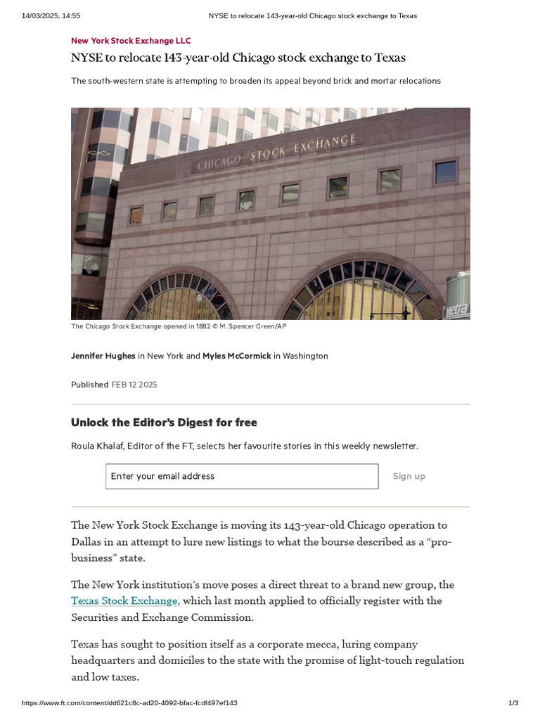 NYSE To Relocate 143-Year-Old Chicago Stock Exchange To Texas | PDF ...